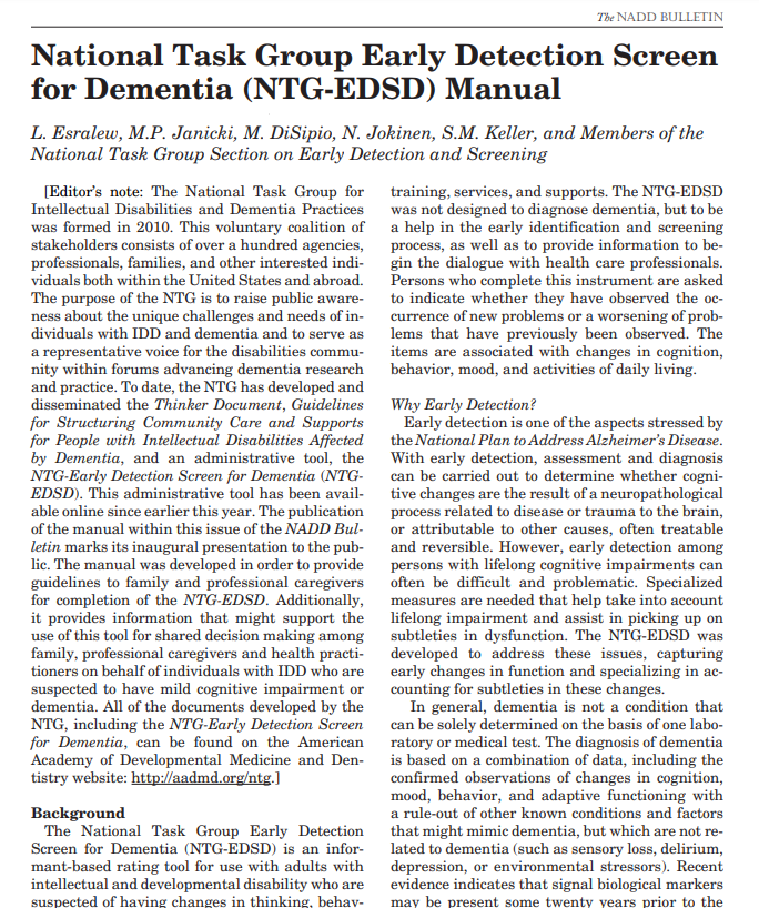 NADD Bulletin article on NTG-EDSD